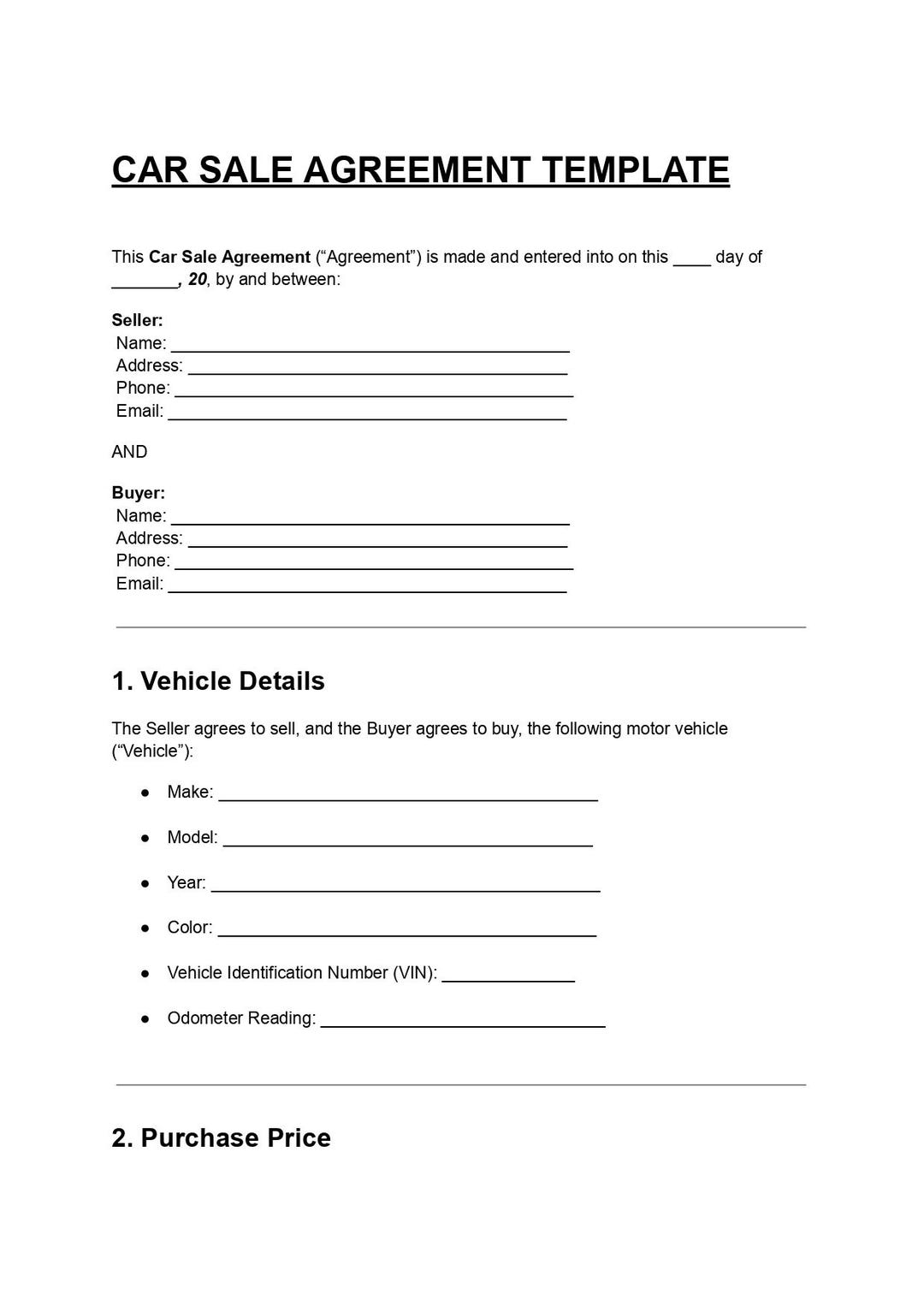 Car Sale Agreement Template | Editable PDF & DOC | Vehicle Purchase ...
