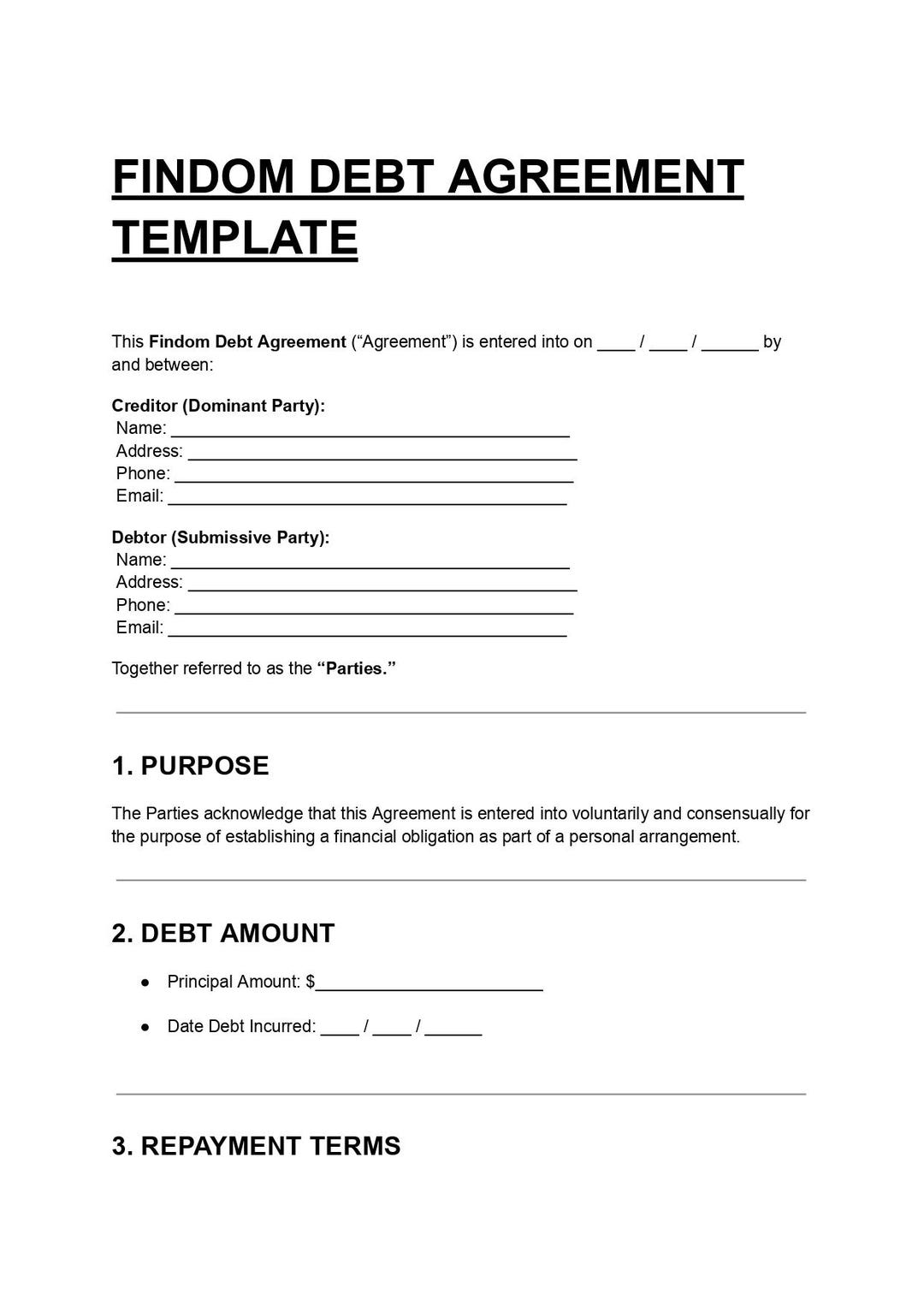 Findom Debt Agreement Template: Editable DOC & PDF (digital Download ...