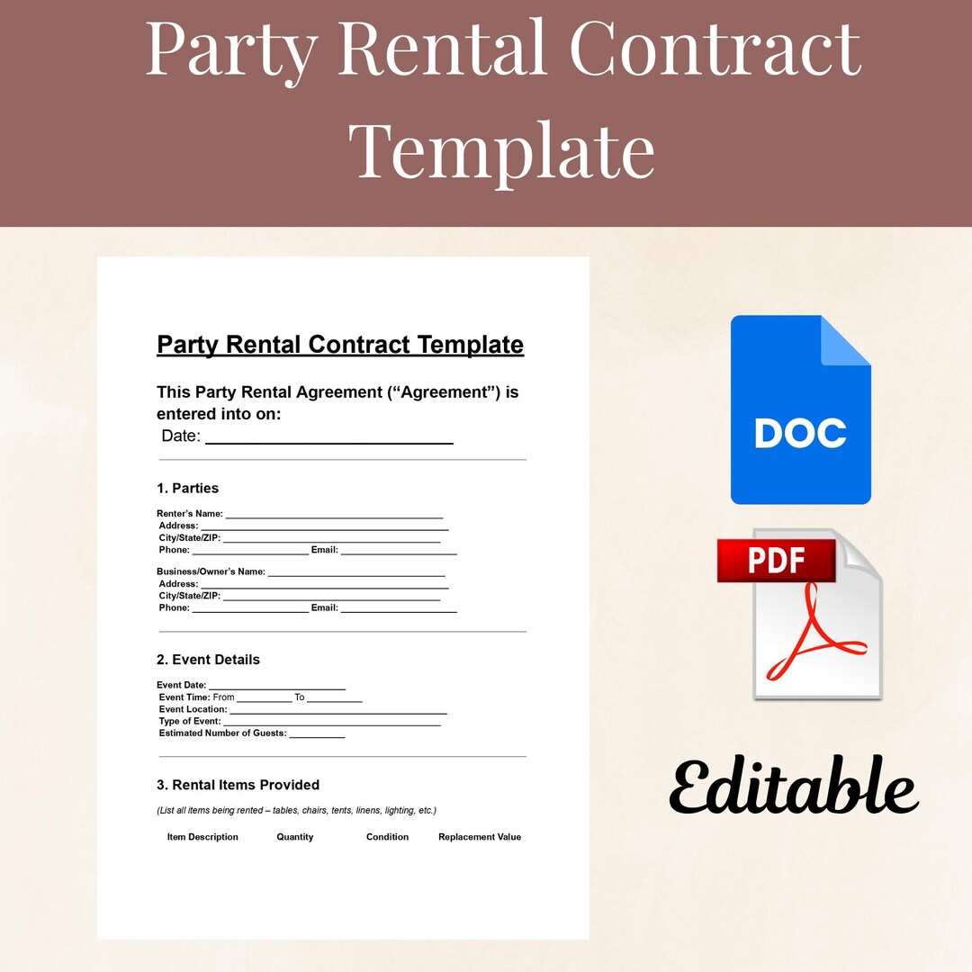 Party Rental Contract Template: Editable Event Equipment Hire Agreement ...