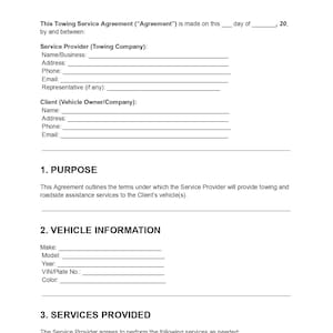 Towing Service Contract, Tow Truck Agreement, Doc Pdf - Etsy