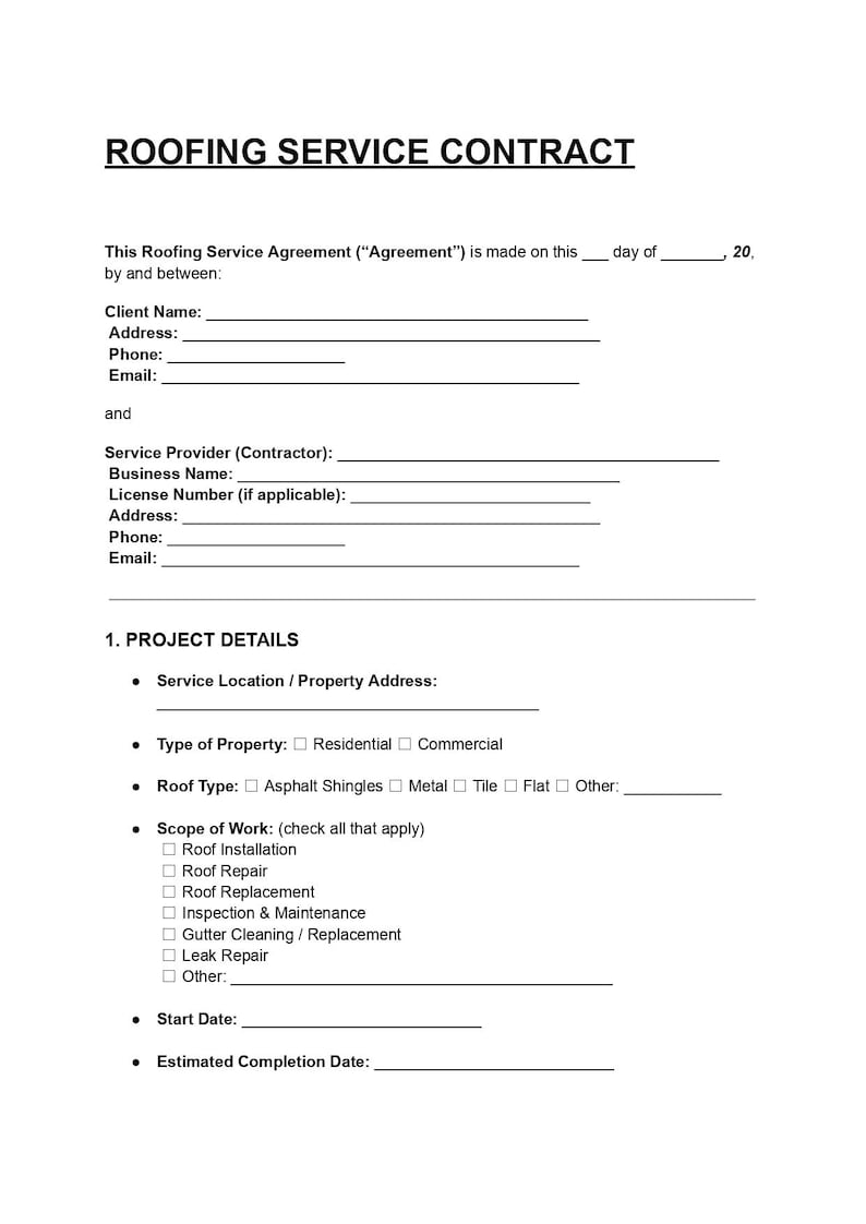 Roofing Service Contract Template | Editable PDF, DOC - Etsy