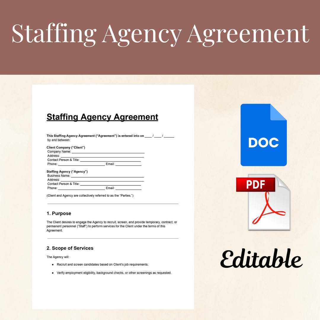 Staffing Agency Agreement | Editable DOC & PDF | Employee Placement ...