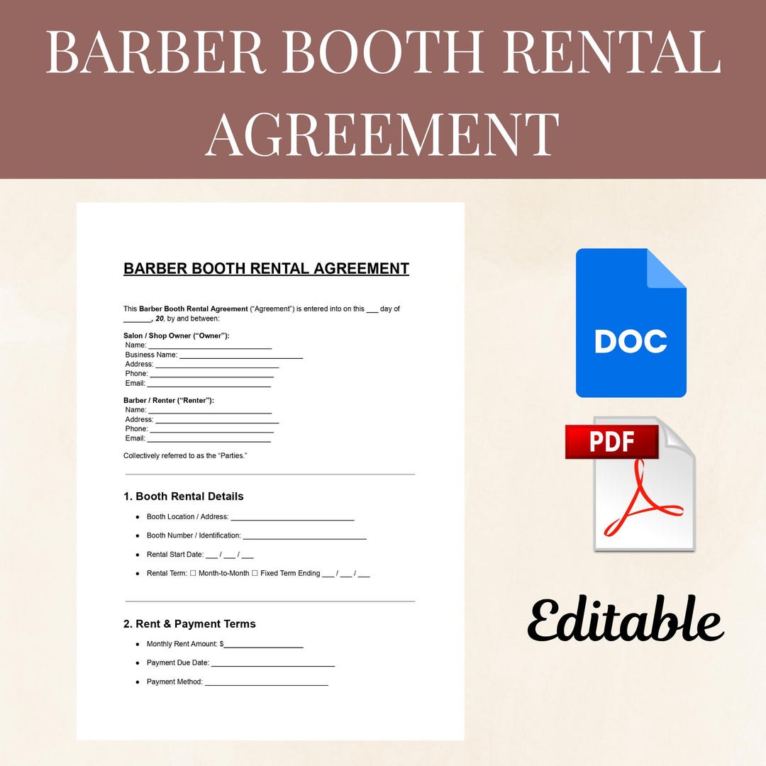Barber Booth Rental Agreement | Editable DOC & PDF | Salon Lease ...