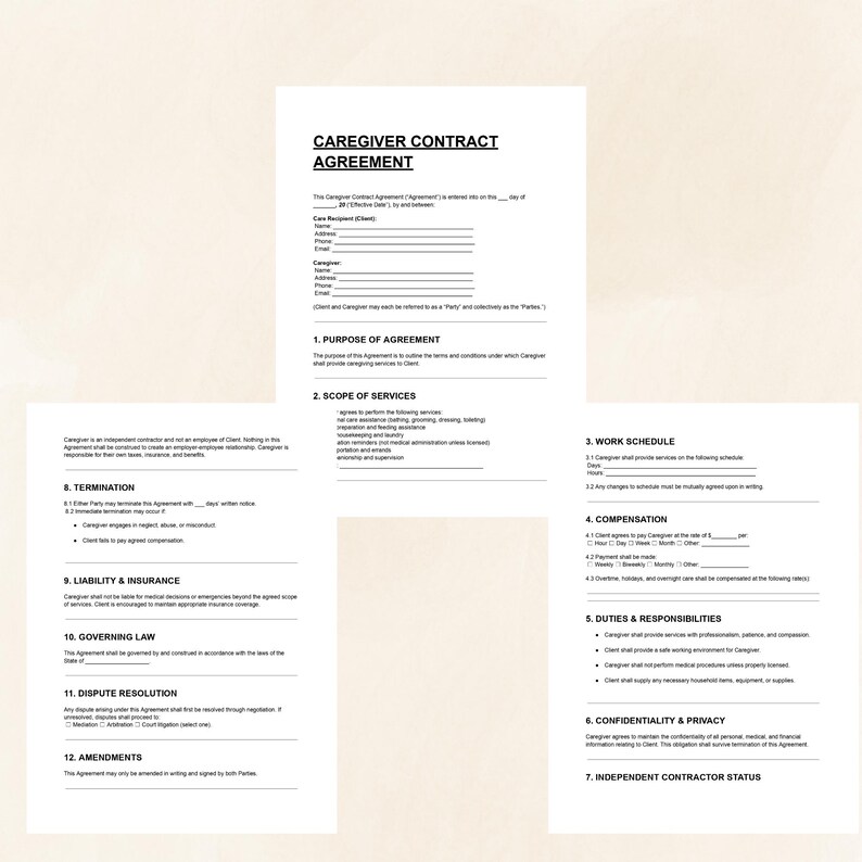 Caregiver Contract Template: Nanny, Babysitter, Elderly Care (editable ...