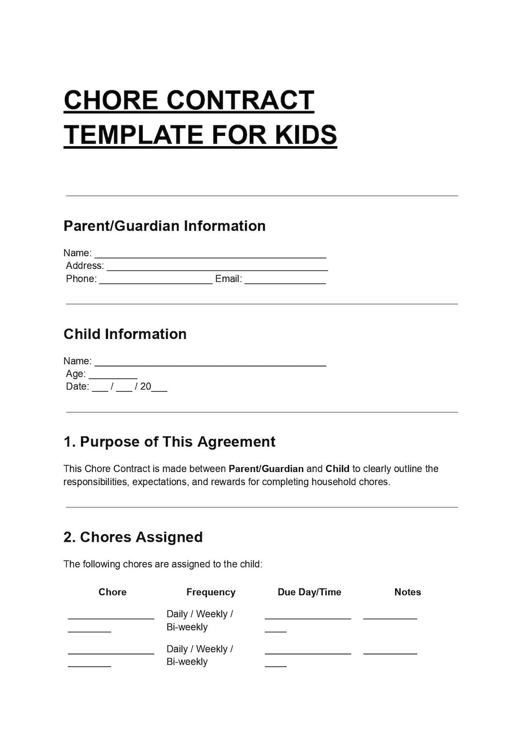 Kids Chore Contract Template: Editable Family Responsibility Chart (DOC ...