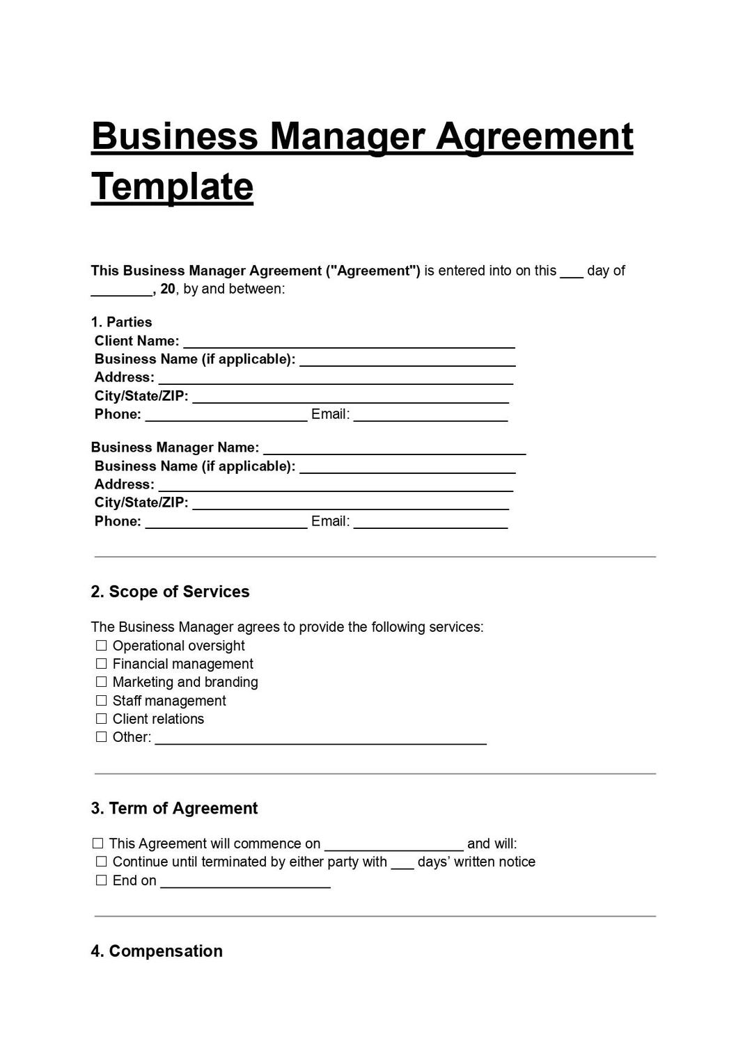 Business Manager Agreement Template: Editable DOC & PDF Instant ...