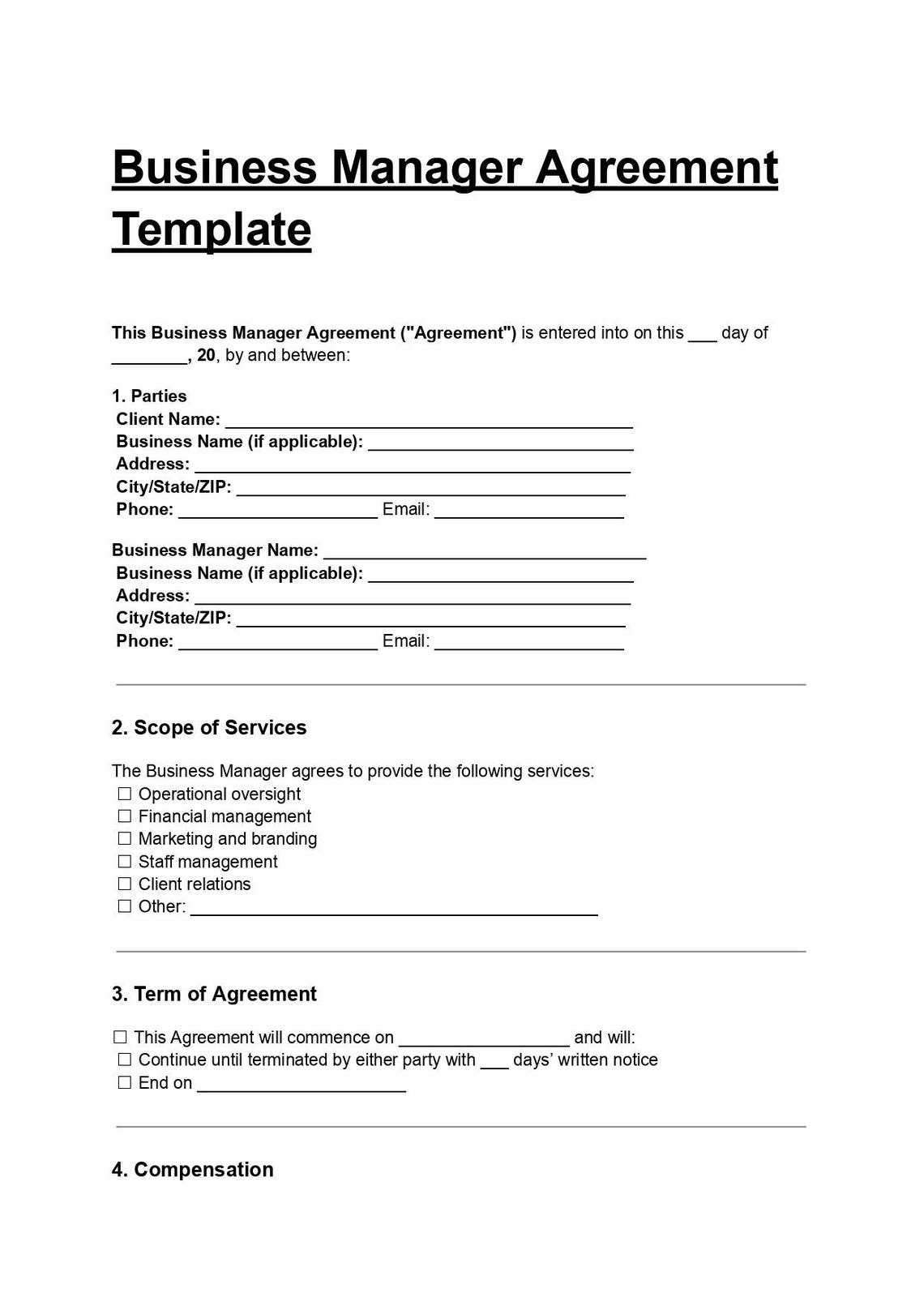 Business Manager Agreement Template: Editable DOC & PDF Instant ...