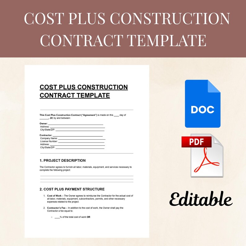 Cost Plus Construction Contract Template: Editable PDF & DOC - Etsy