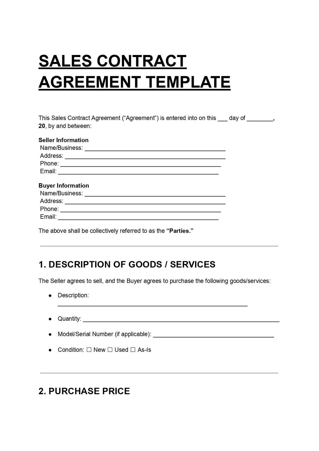 Sales Contract Agreement Template | Editable PDF & DOC - Etsy