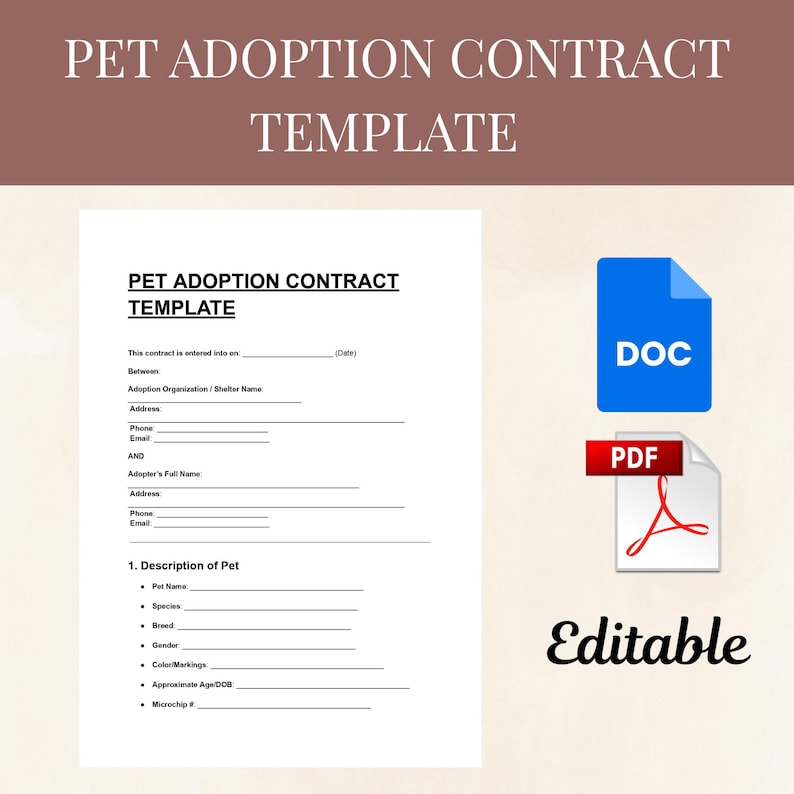 Pet Adoption Contract Template: Editable DOC & PDF for Shelters ...