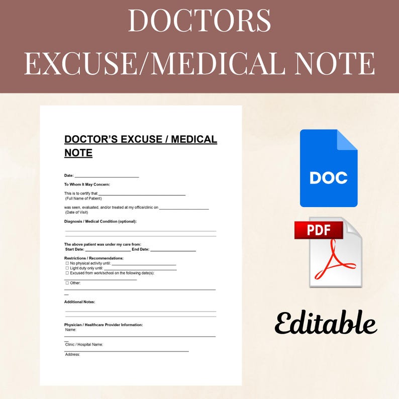 Editable Doctor's Excuse Template: Printable Medical Note (PDF & DOC ...