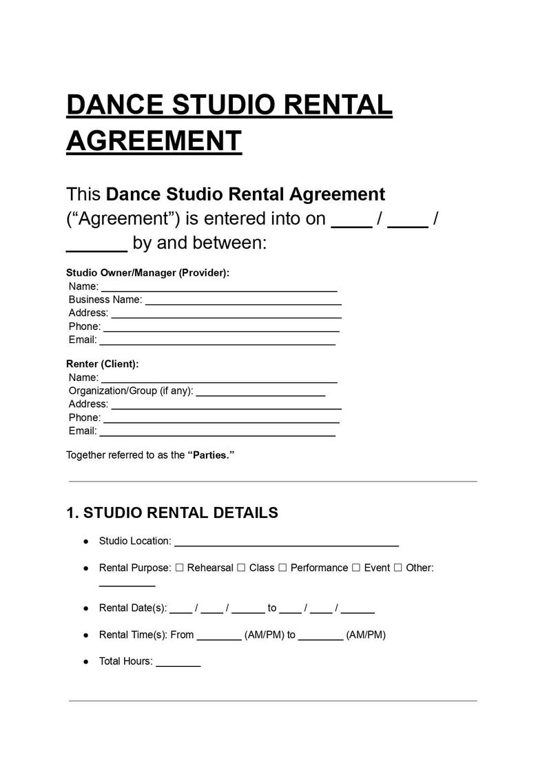 Dance Studio Rental Agreement Template | Editable Lease Contract DOC & PDF - Etsy