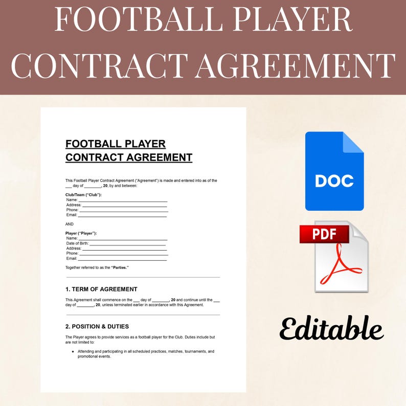 Editable Football Player Contract Template: PDF & DOC - Etsy
