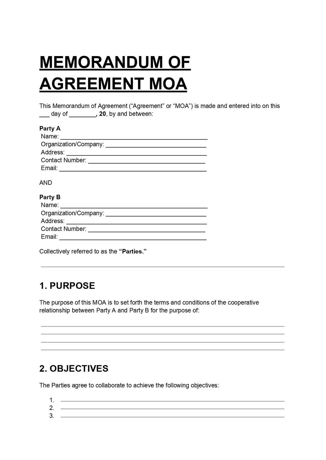 Editable Memorandum of Agreement Template: Business Partnership Legal ...