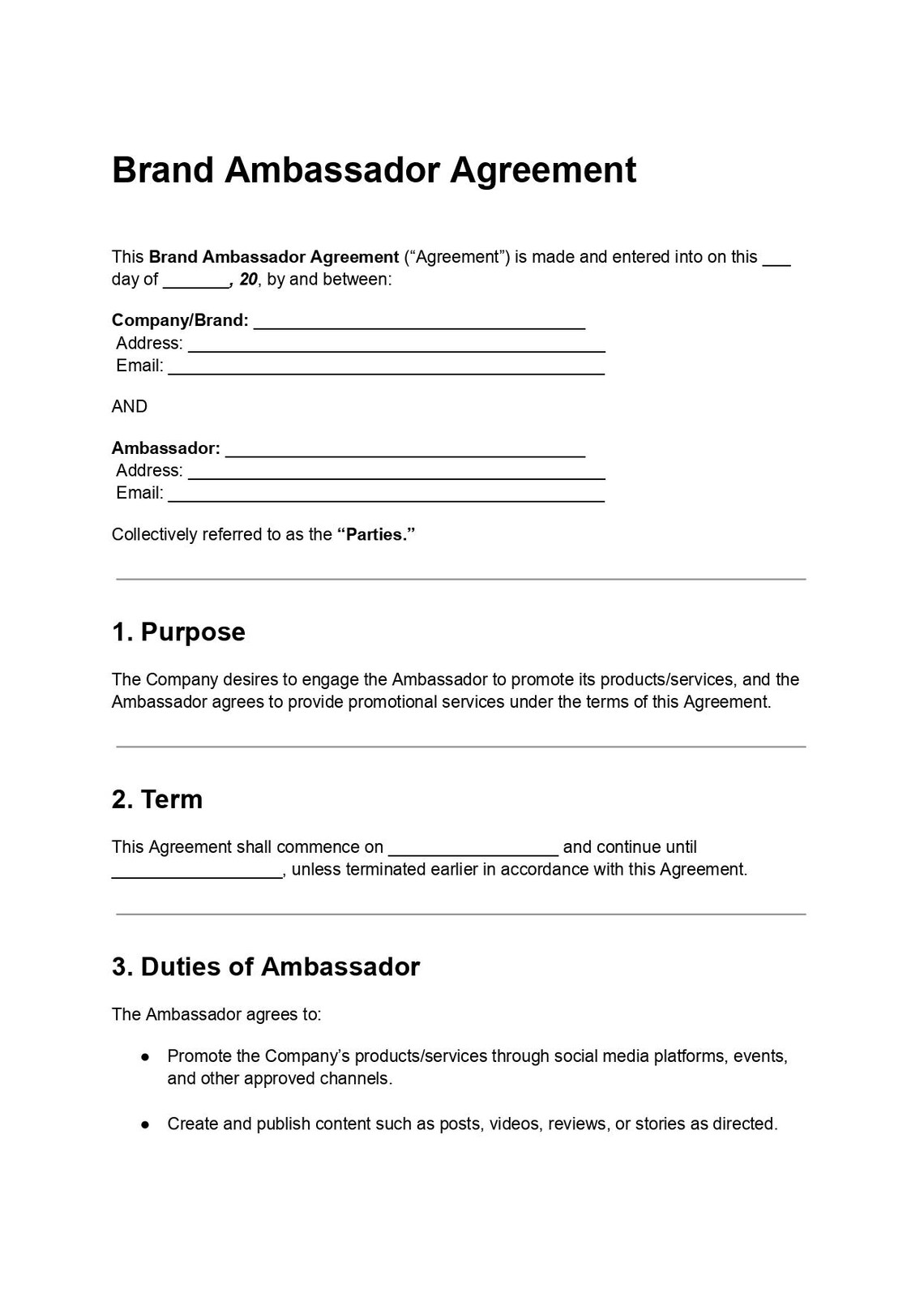 Brand Ambassador Agreement Template | Influencer Marketing Contract ...
