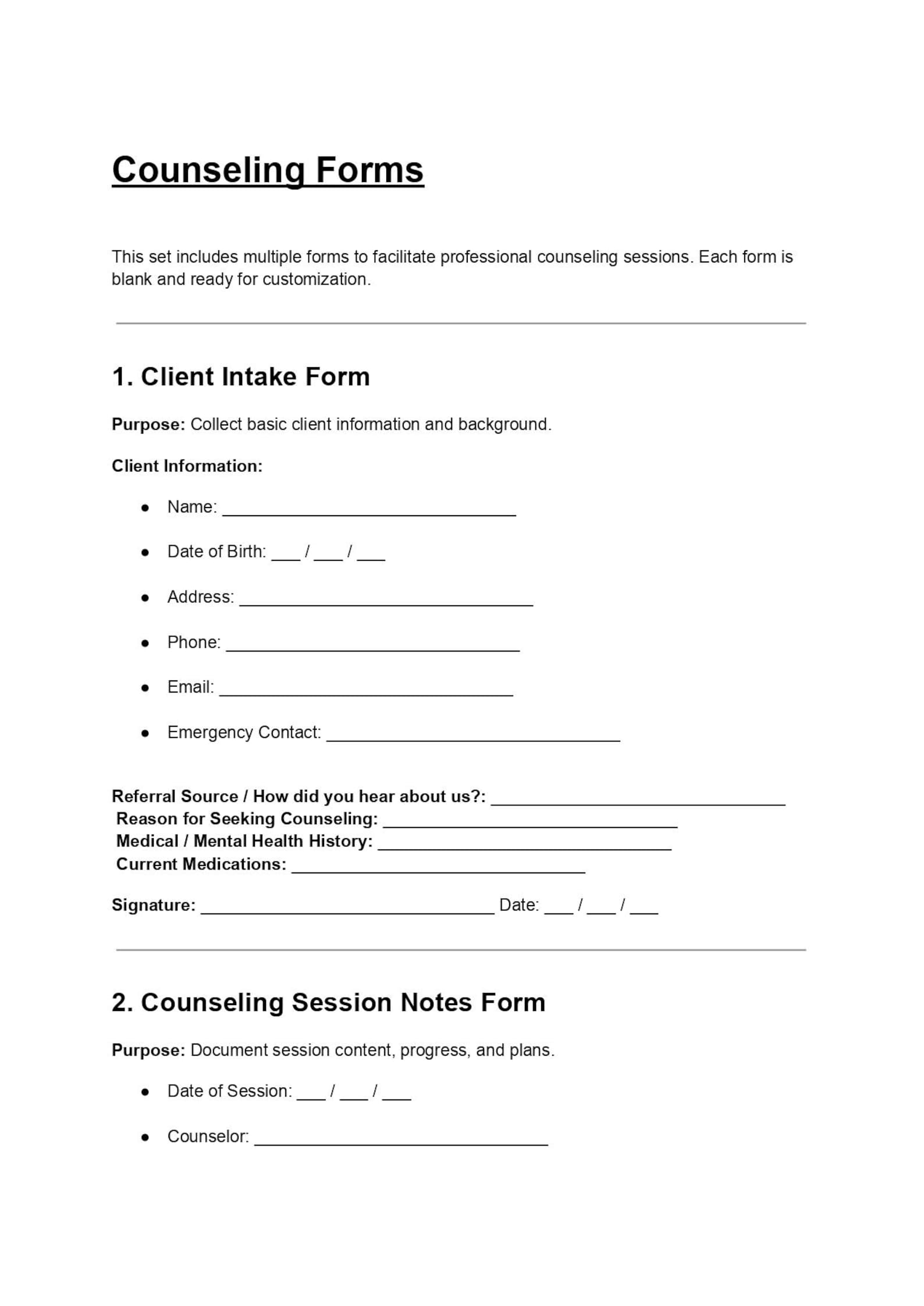 Counseling Forms | Editable DOC & PDF | Therapy Client Templates - Etsy