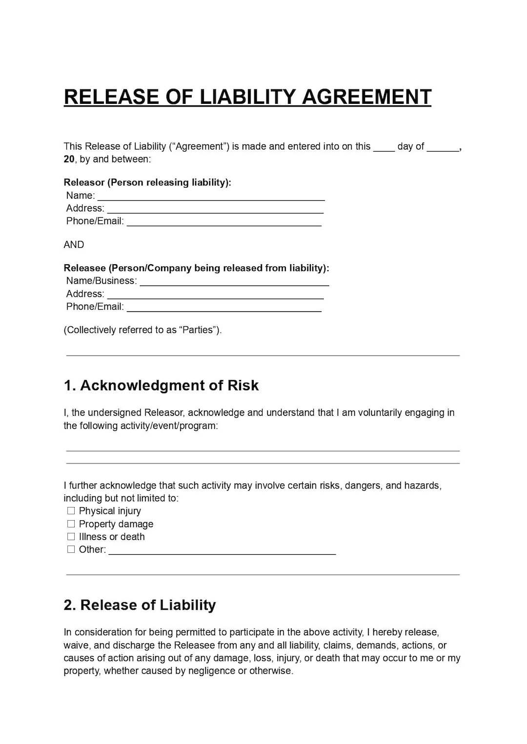 Editable Release of Liability Agreement Template: Waiver Form (PDF ...