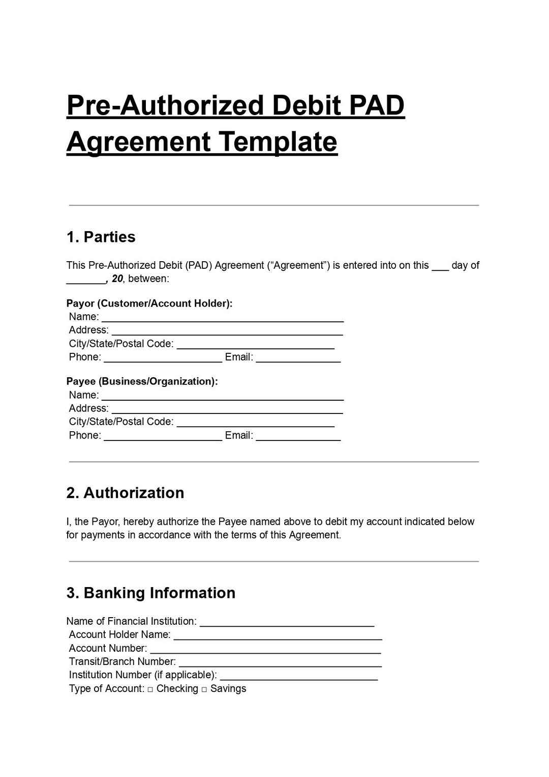 Pre-authorized Debit Agreement Template, PAD Authorization Form, Editable DOC PDF, Bank Payment ...