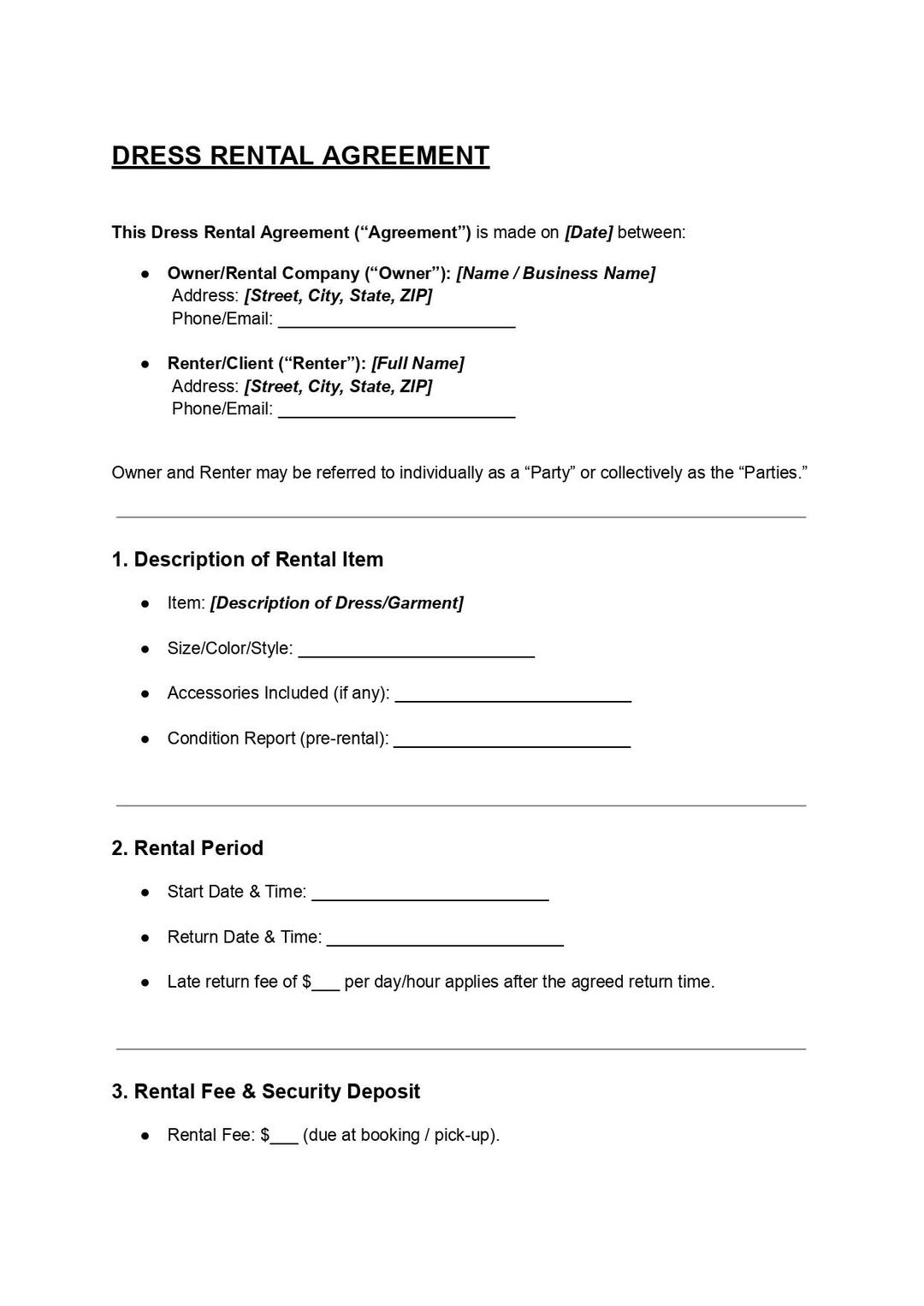 Dress Rental Agreement Template | Editable DOC & PDF | Formal Gown ...