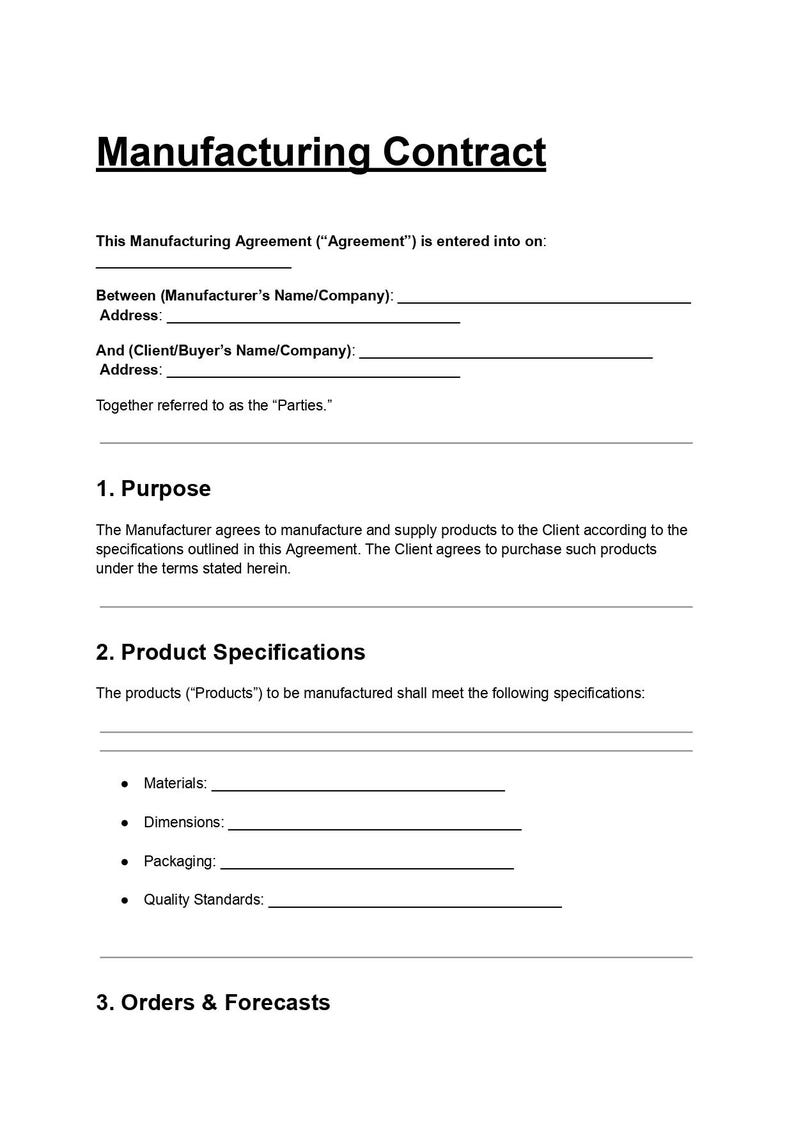 Manufacturing Contract Template PDF DOC | Editable Manufacturer ...