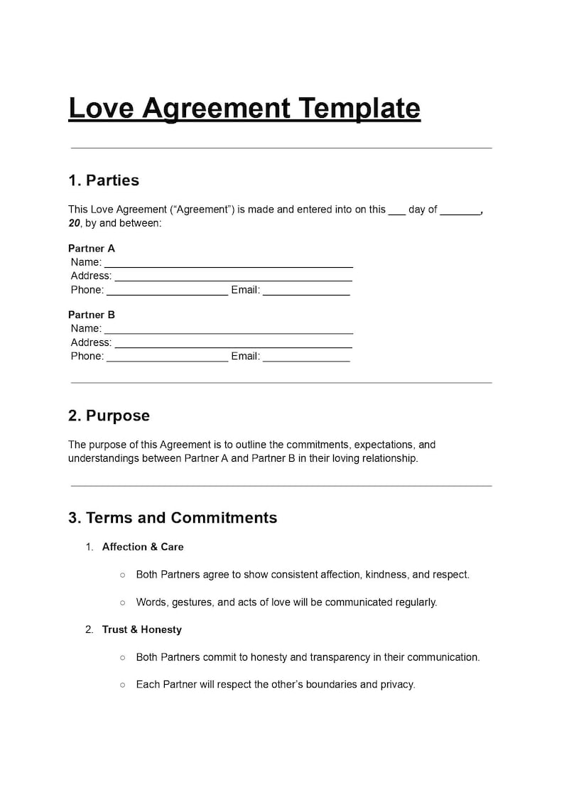 Romantic Love Agreement Template: Editable Relationship Contract (PDF ...