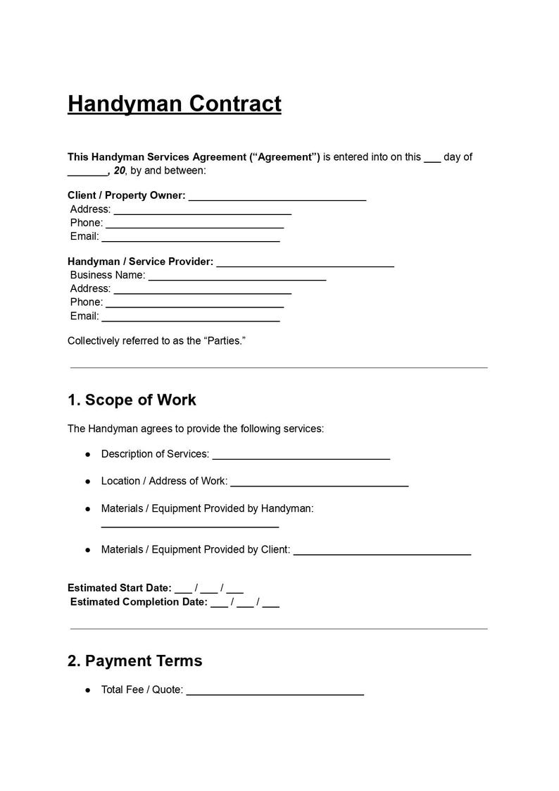 Handyman Contract | Editable DOC & PDF | Home Repair Service Agreement ...