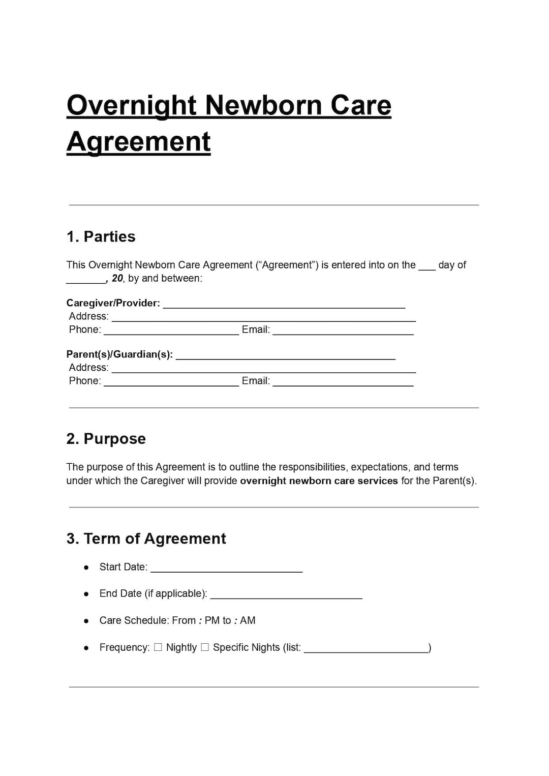 Overnight Newborn Care Agreement Template: Nanny Contract, Editable PDF ...