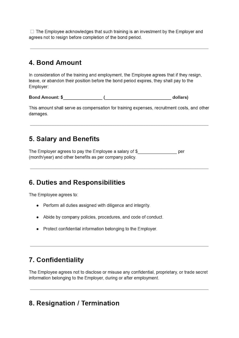 Employee Bond Agreement Template | Editable PDF & DOC | Job Security ...