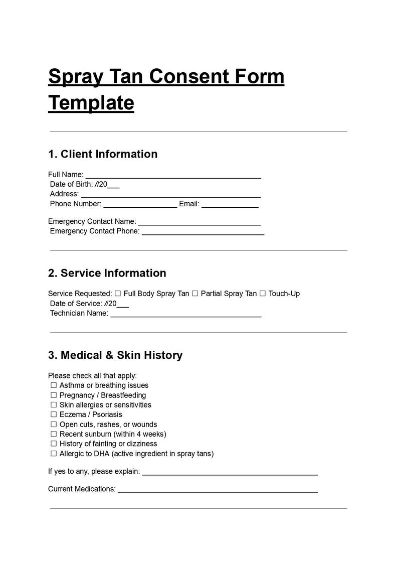 Spray Tan Consent Form Template: Editable PDF & DOC - Etsy