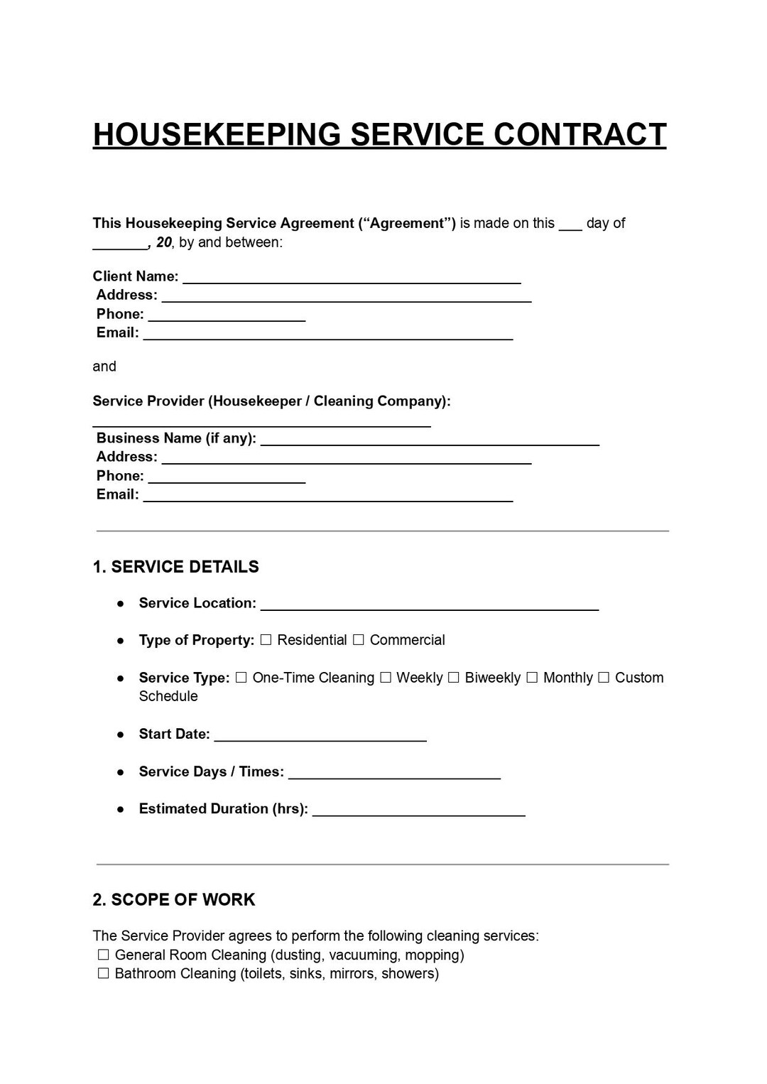 Housekeeping Service Contract | Editable DOC PDF | Cleaning Agreement ...