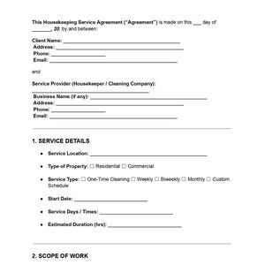 Housekeeping Service Contract | Editable DOC PDF | Cleaning Agreement ...
