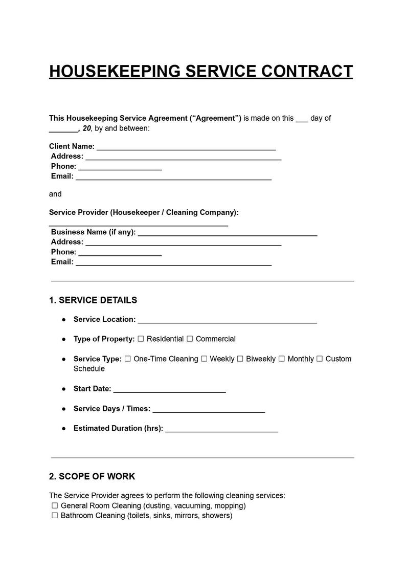 Housekeeping Service Contract | Editable DOC PDF | Cleaning Agreement ...