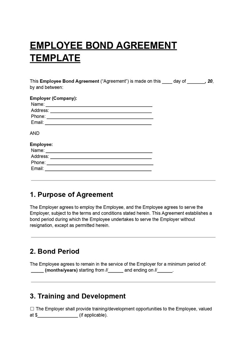 Employee Bond Agreement Template | Editable PDF & DOC | Job Security ...