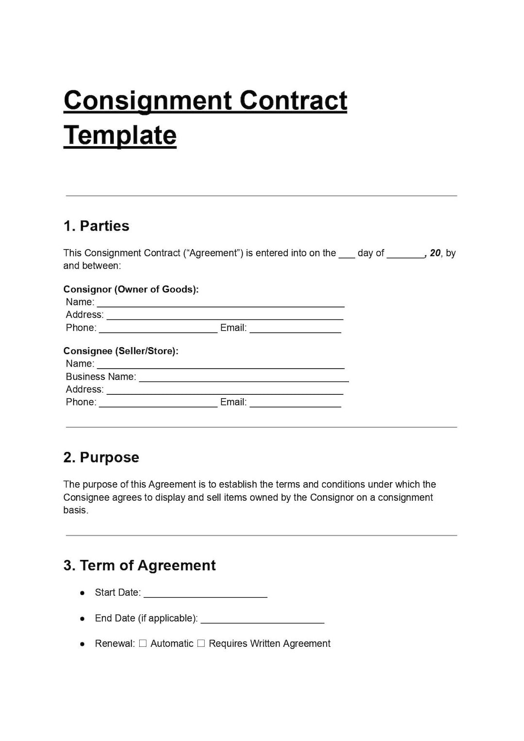 Editable Consignment Contract Template: Vendor Agreement (PDF & DOC) - Etsy