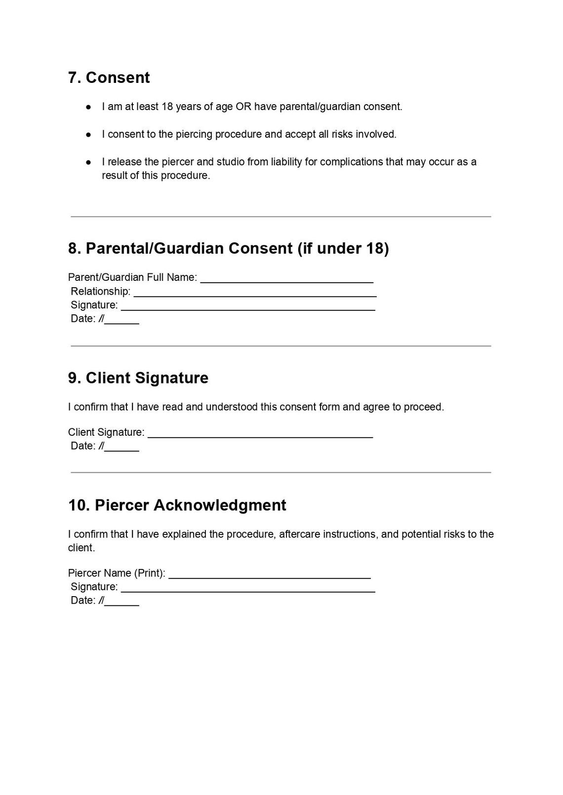 Editable Piercing Consent Form Template: Body Art Studio Waiver (PDF ...