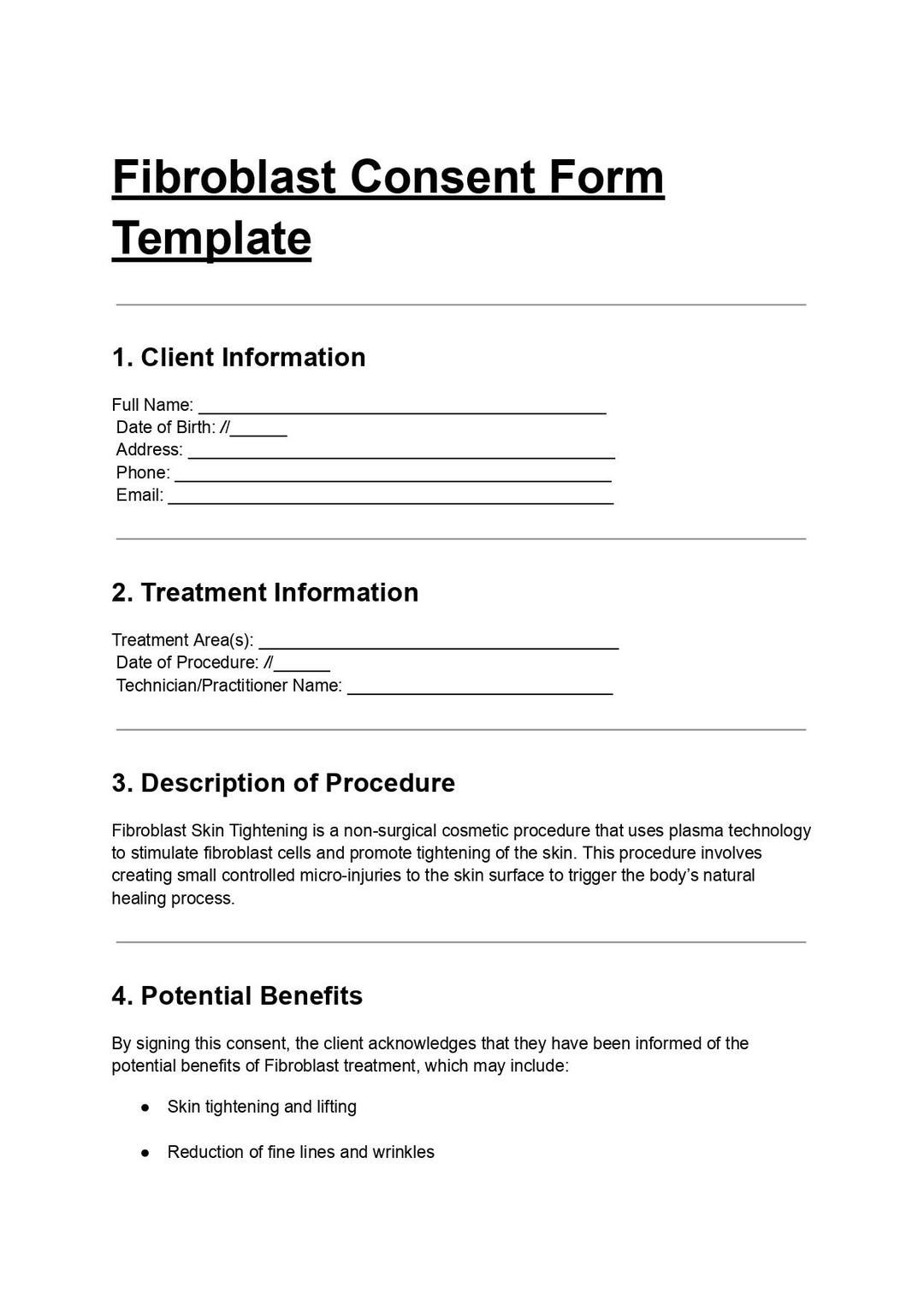 Fibroblast Consent Form Template: Plasma Skin Tightening Agreement (PDF ...