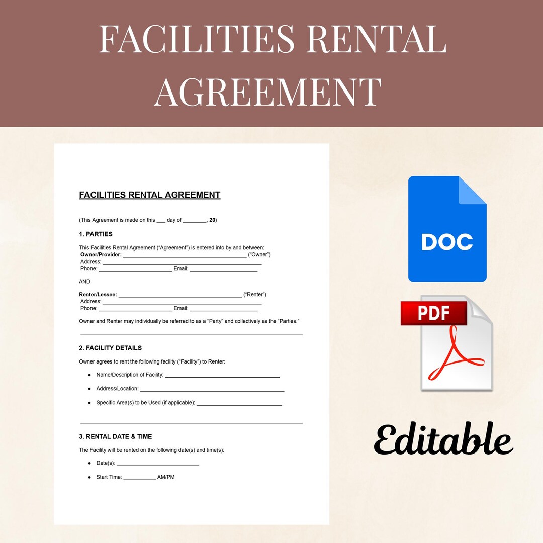 Facilities Rental Agreement Template | Event Venue Contract | Editable ...