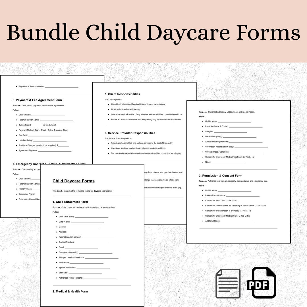Child Daycare Forms Bundle Editable DOC & PDF Templates for Enrollment ...