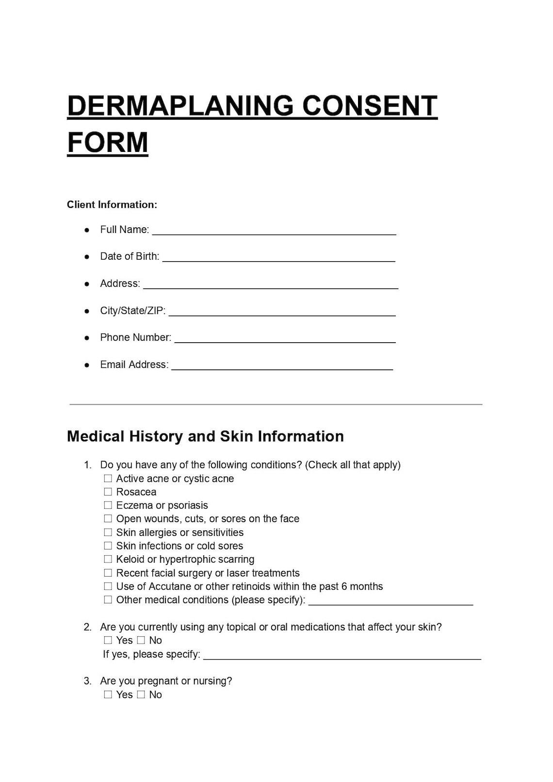 Dermaplaning Consent Form Template: Editable DOC & PDF Waiver - Etsy
