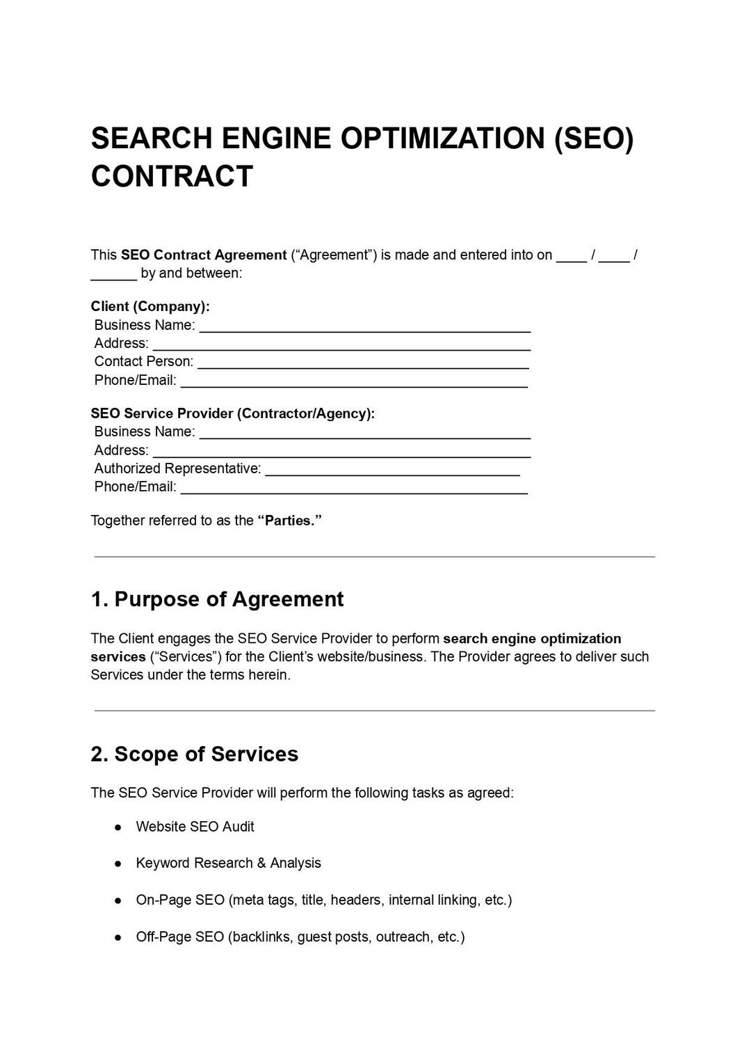 SEO Contract Template: Editable Client Agreement (PDF & DOC) - Etsy