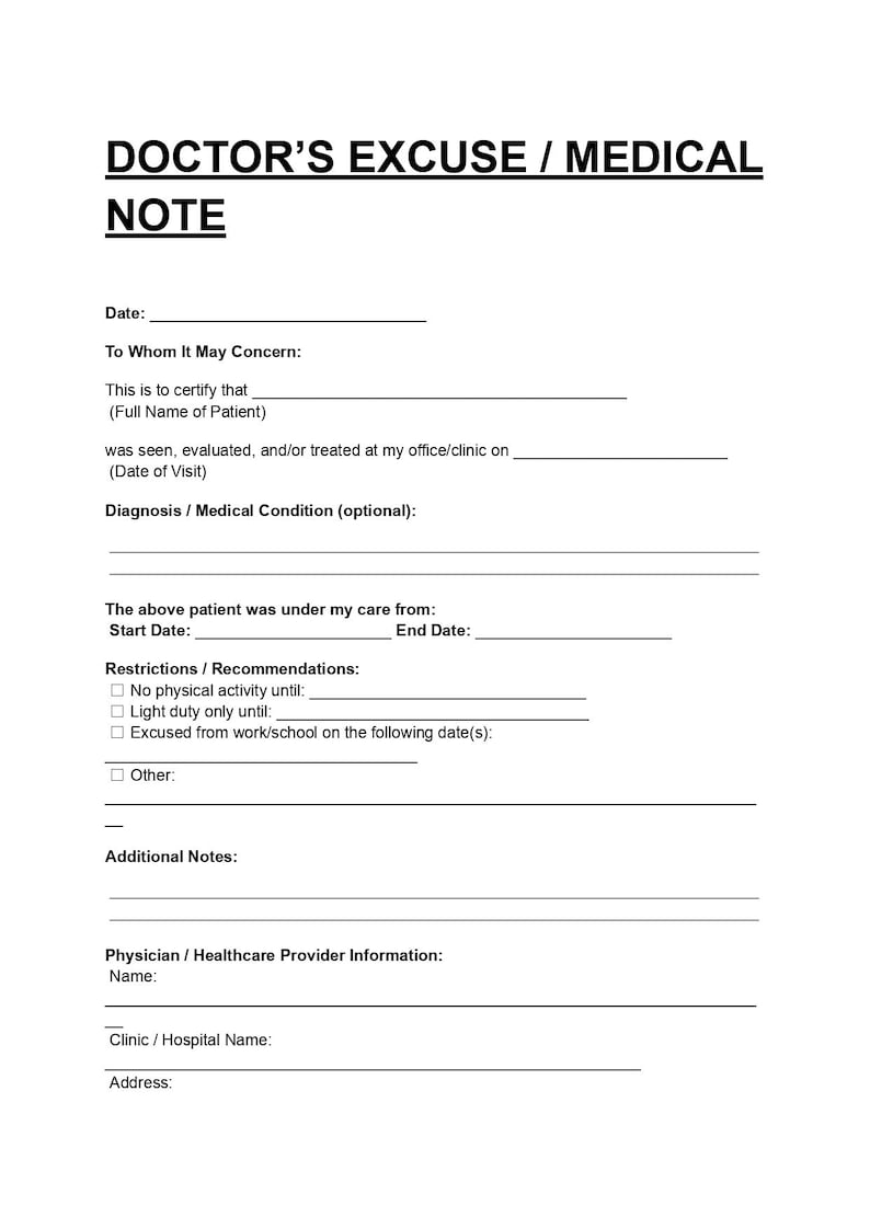 Editable Doctor's Excuse Template: Printable Medical Note (PDF & DOC ...
