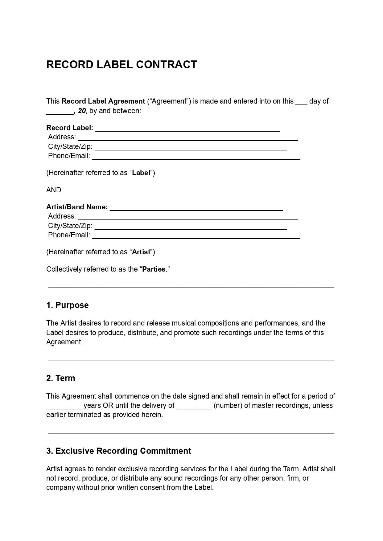 Record Label Contract Template | Music Artist Agreement | Editable DOC ...