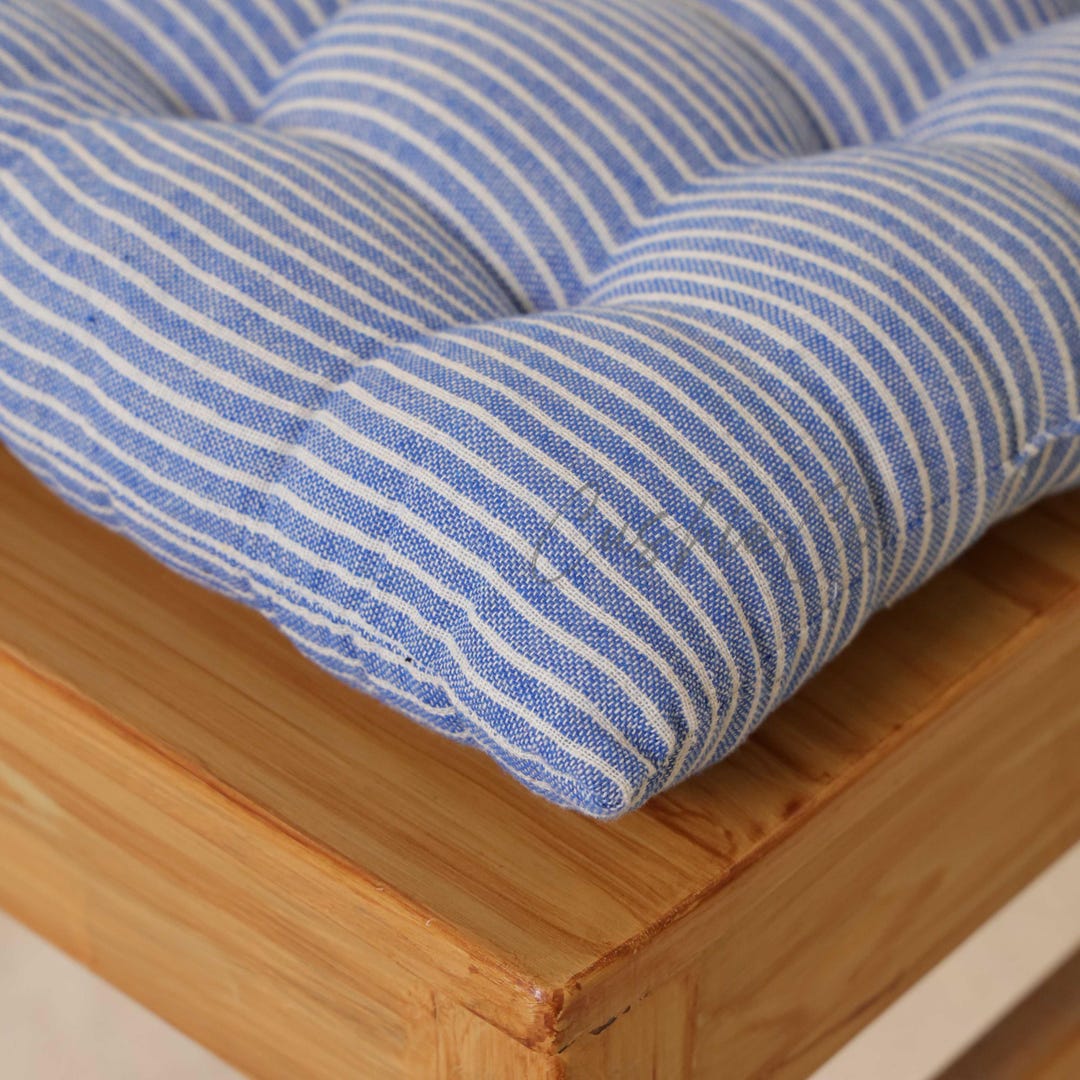 Handmade Farmhouse Blue Striped Chair Pad | Tufted Linen Cushion - Etsy