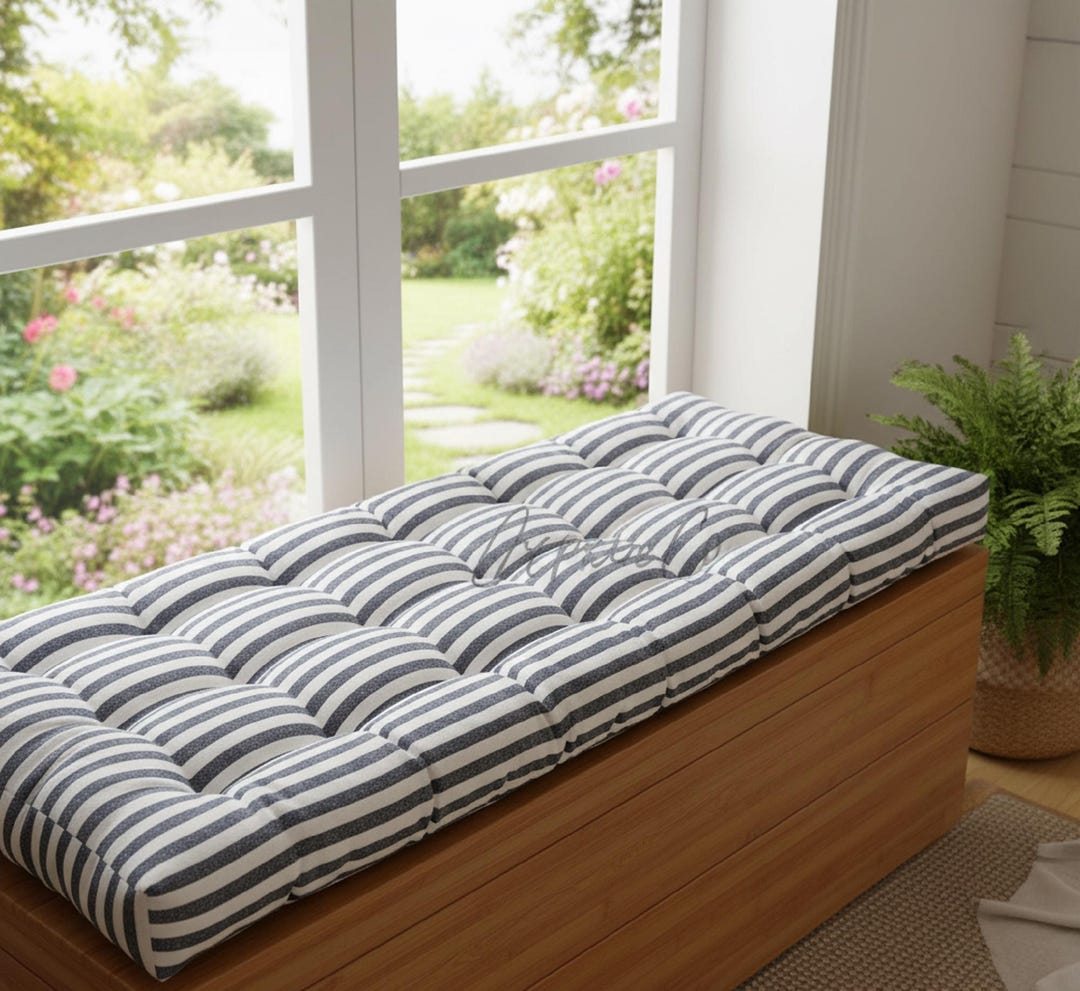 Handmade Striped Linen Tufted Bench Cushion | Farmhouse Window Seat Pad ...