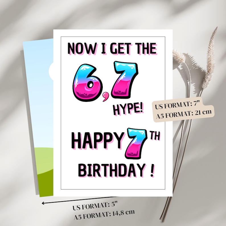 Funny 7th Birthday Card, Six Seven Meme (PDF Printable 5x7in & A5 Size ...