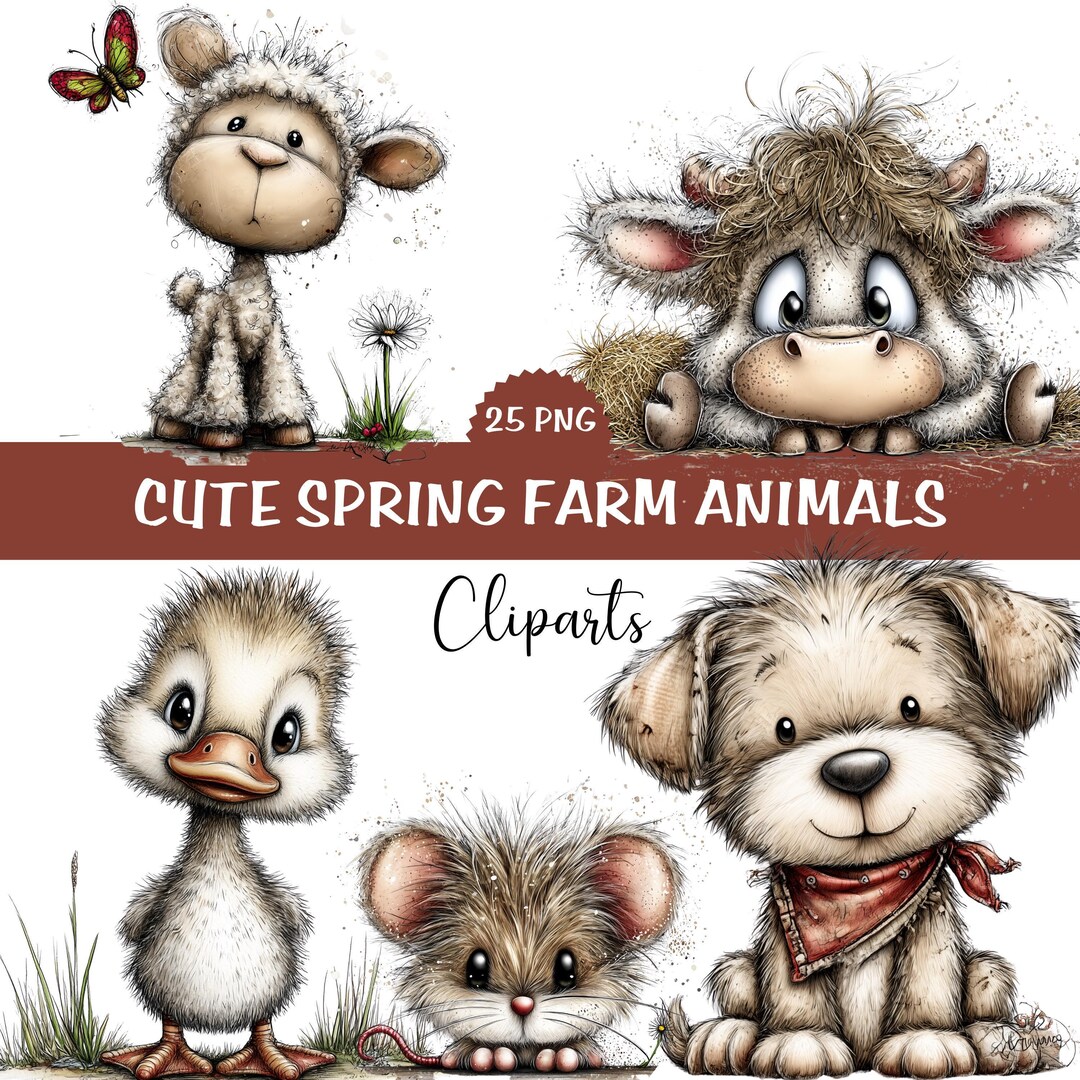 Whimsical Farm Animal Clipart, Spring Easter PNG Bundle (digital ...