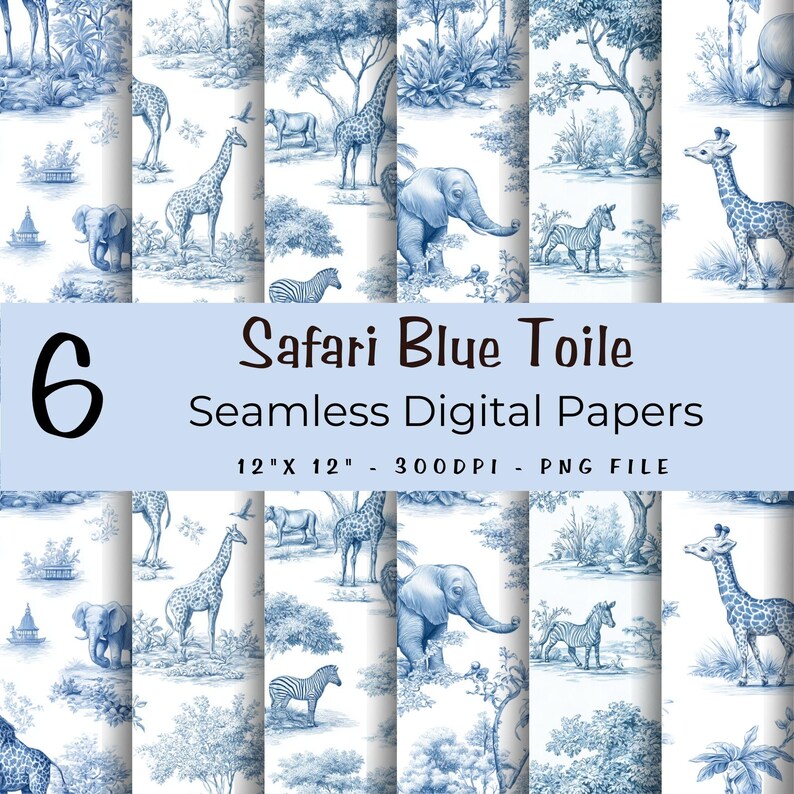 Safari Toile De Jouy Seamless Pattern Bundle | Blue French Toile ...