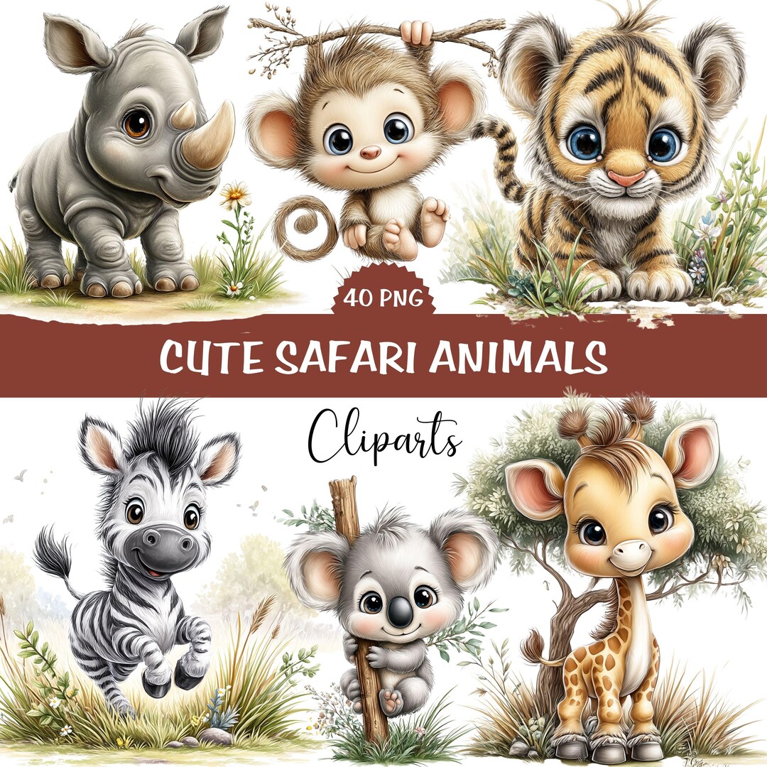 Baby Safari Animals Clipart Bundle, Whimsical Nursery Graphics (digital ...