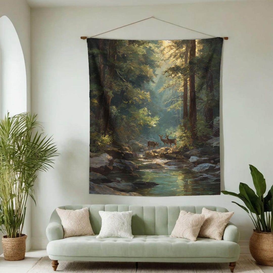 Vintage Forest Scene Tapestry, Deer by the River Wall Hanging, Nature ...