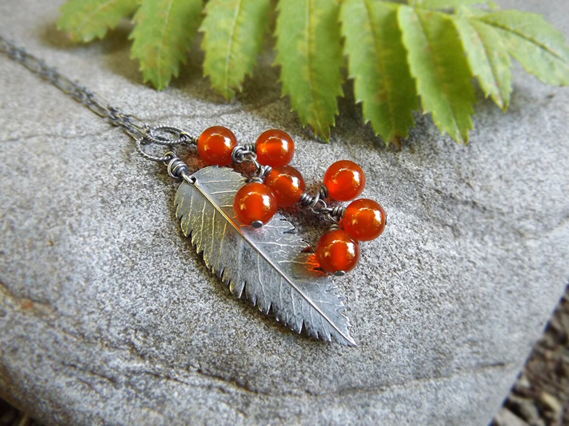 Carnelian Rowan Berry Pendant Shiny or Oxidized Silver - Etsy